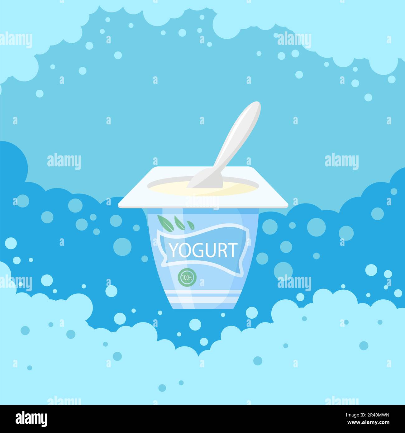 fresh yogurt container and plastic spoon isolated on blue bubble ...