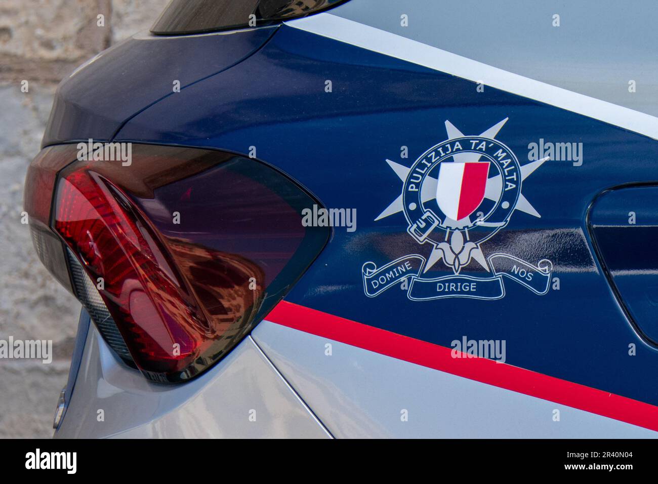 Valletta, Malta, 4 May 2023. Police car providing security for tourists ...
