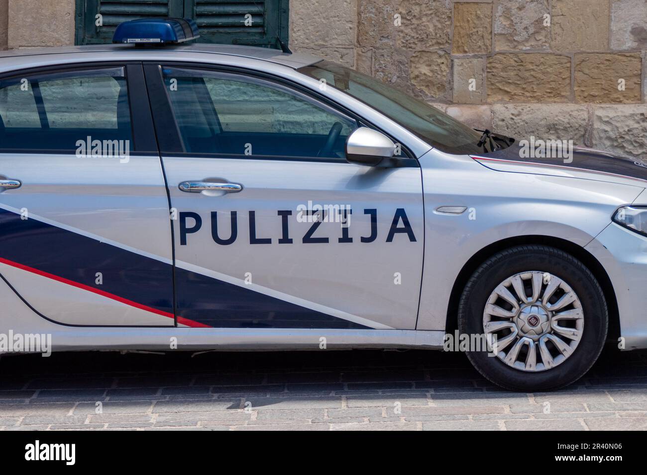 Valletta, Malta, 4 May 2023. Police car providing security for tourists ...