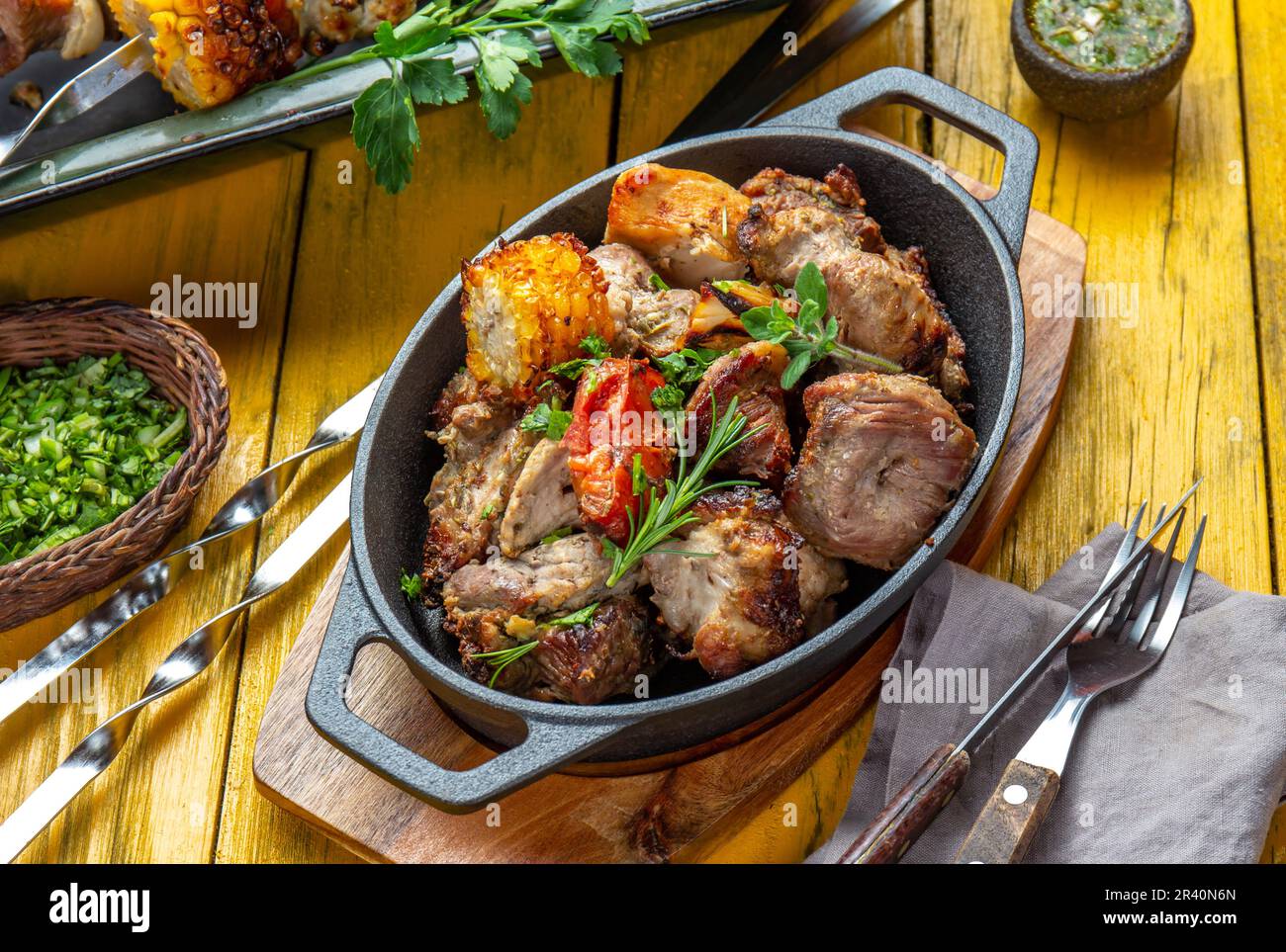 Bbq grilled meat - pork, chicken and vegetable on cast iron pan ...