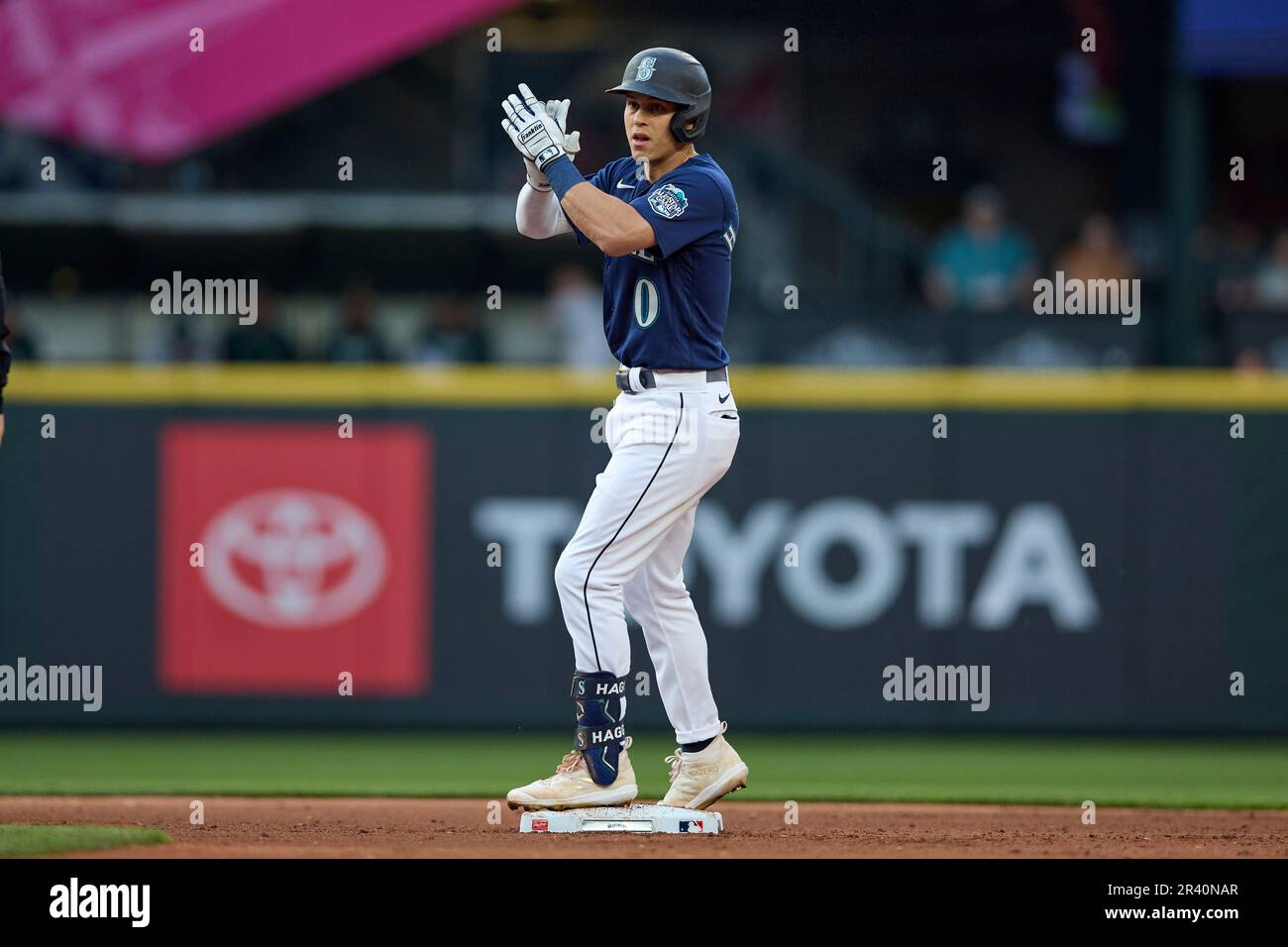Seattle Mariners' Sam Haggerty reacts from second base after hitting a ...