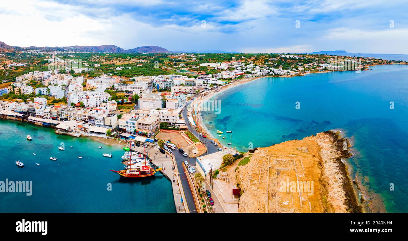 Hersonissos harbor aerial panoramic view. Hersonissos or Chersonissos ...