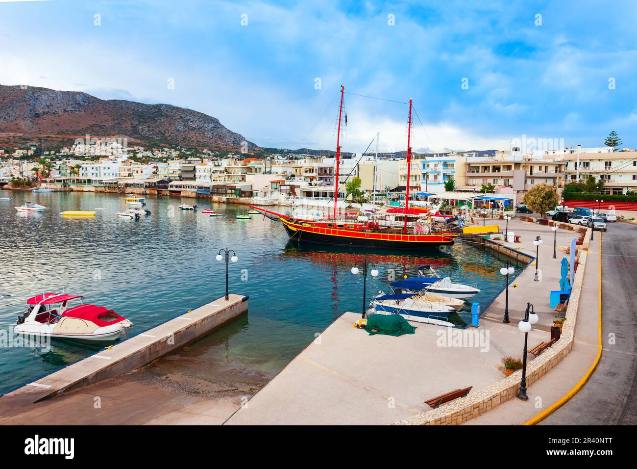 Hersonissos port panoramic view. Hersonissos or Chersonissos is a town ...