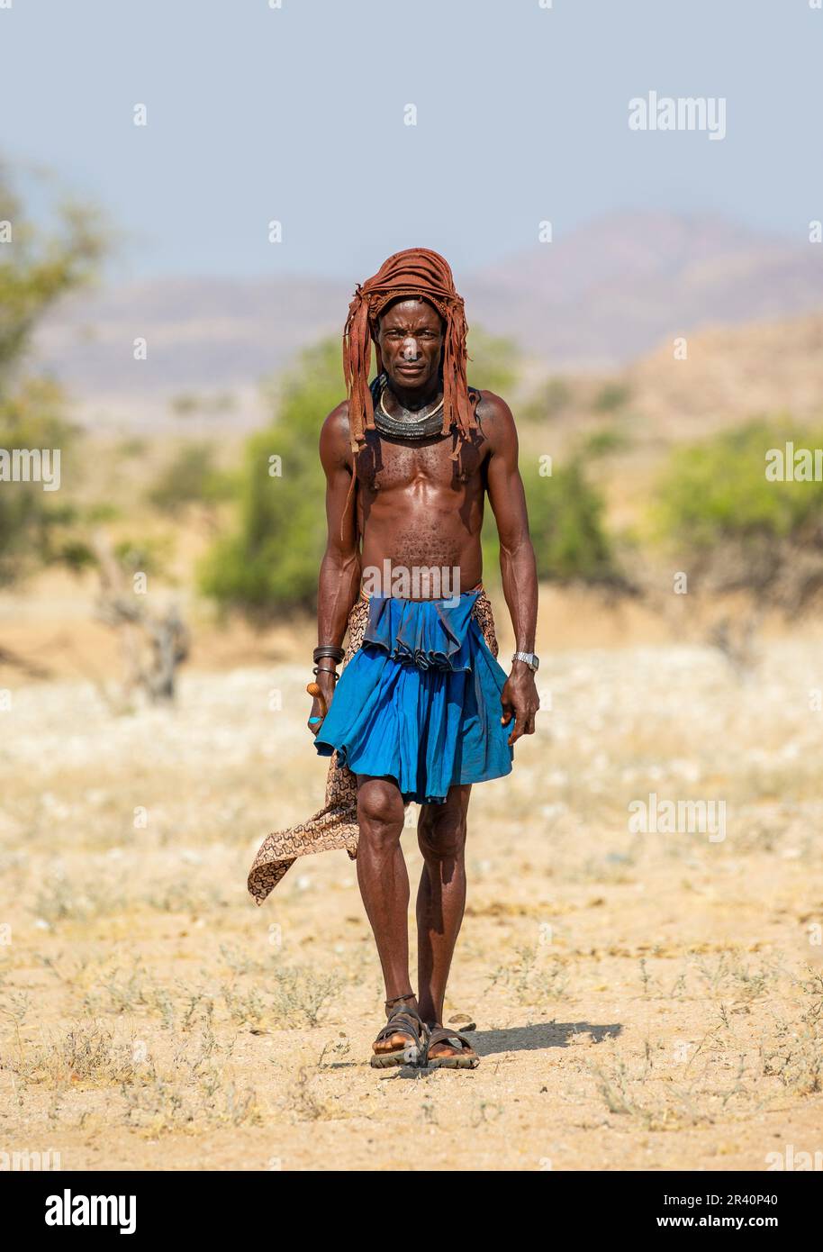 Himba man is walking through the desert in national dress Stock Photo ...