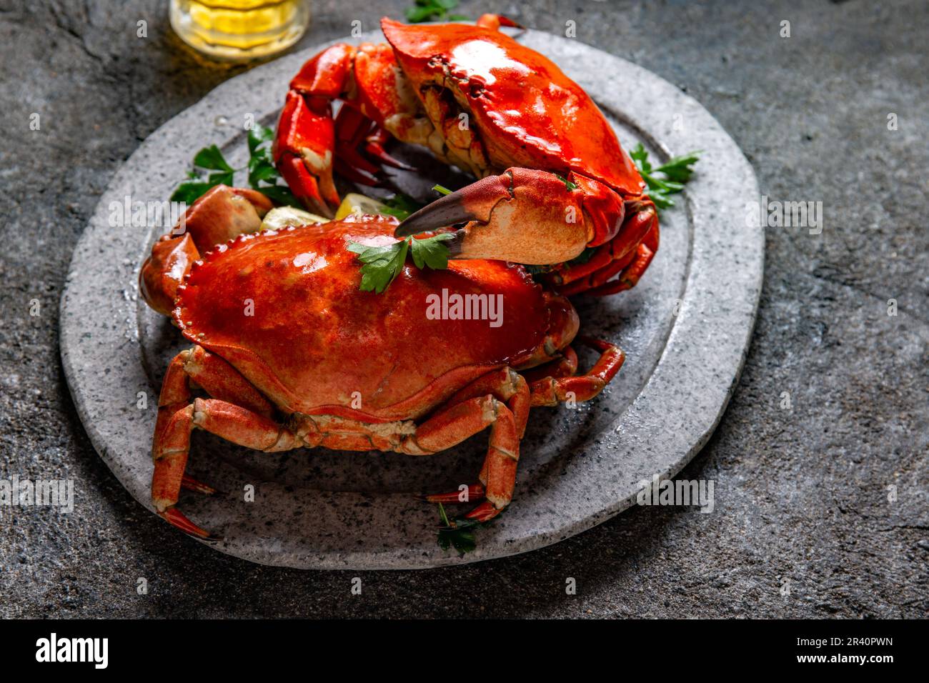 Whole cooked crabs on white plate with lemon and beer. Gray concrete ...