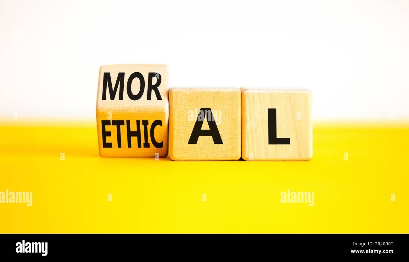Ethical or moral symbol. Businessman turns wooden cubes and changes the ...