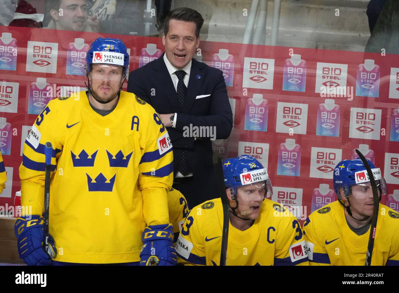 Head coach Sam Hallam of Sweden reacts during the quarter final match between Latvia and Sweden ...