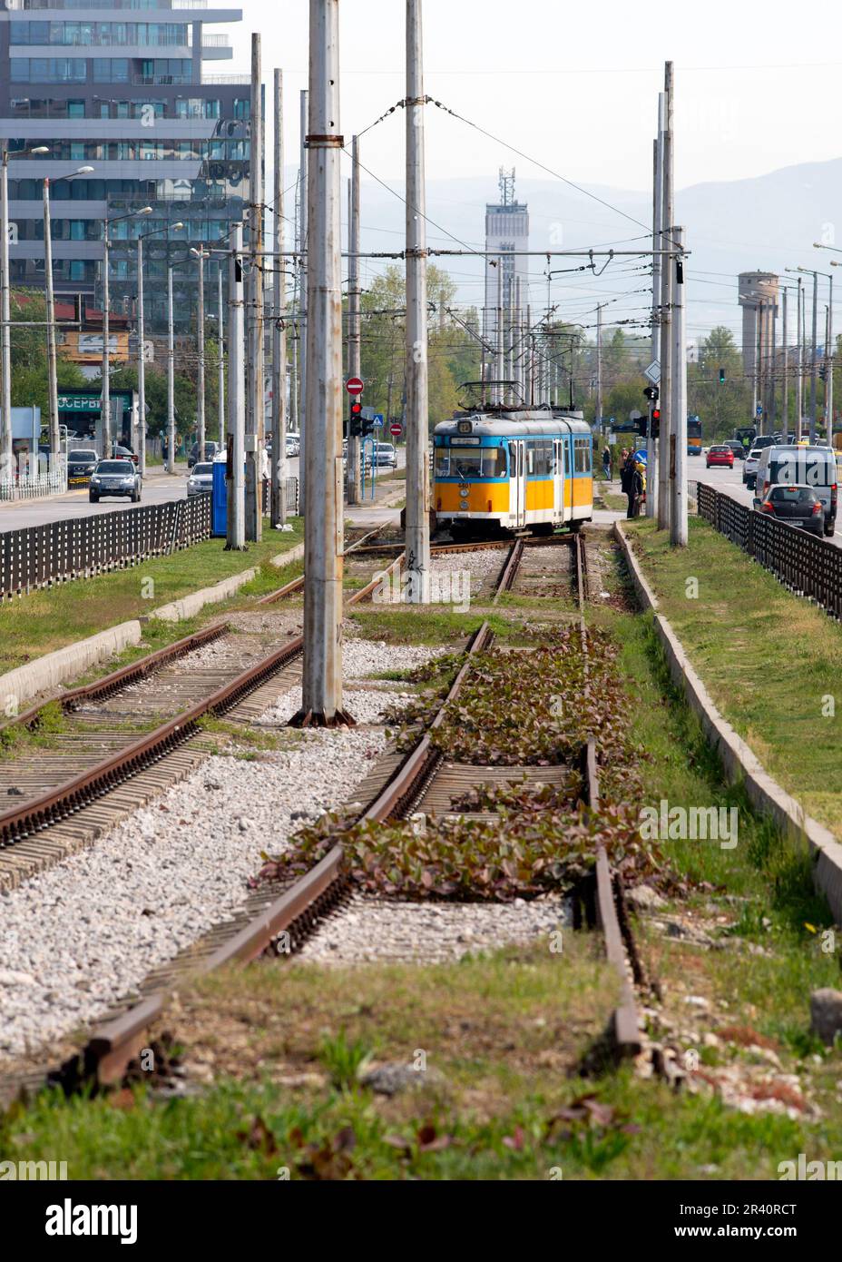Streetcar or tramway tracks dead end at its last stop in residential ...