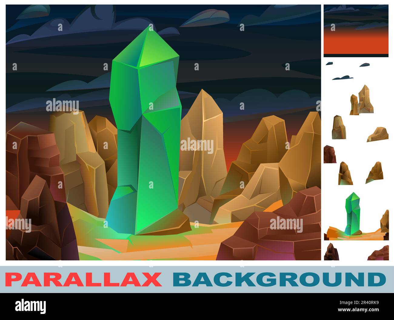 Another planet landscape. Clouds night sky and rocks. Large green crystal. Martian relief ...