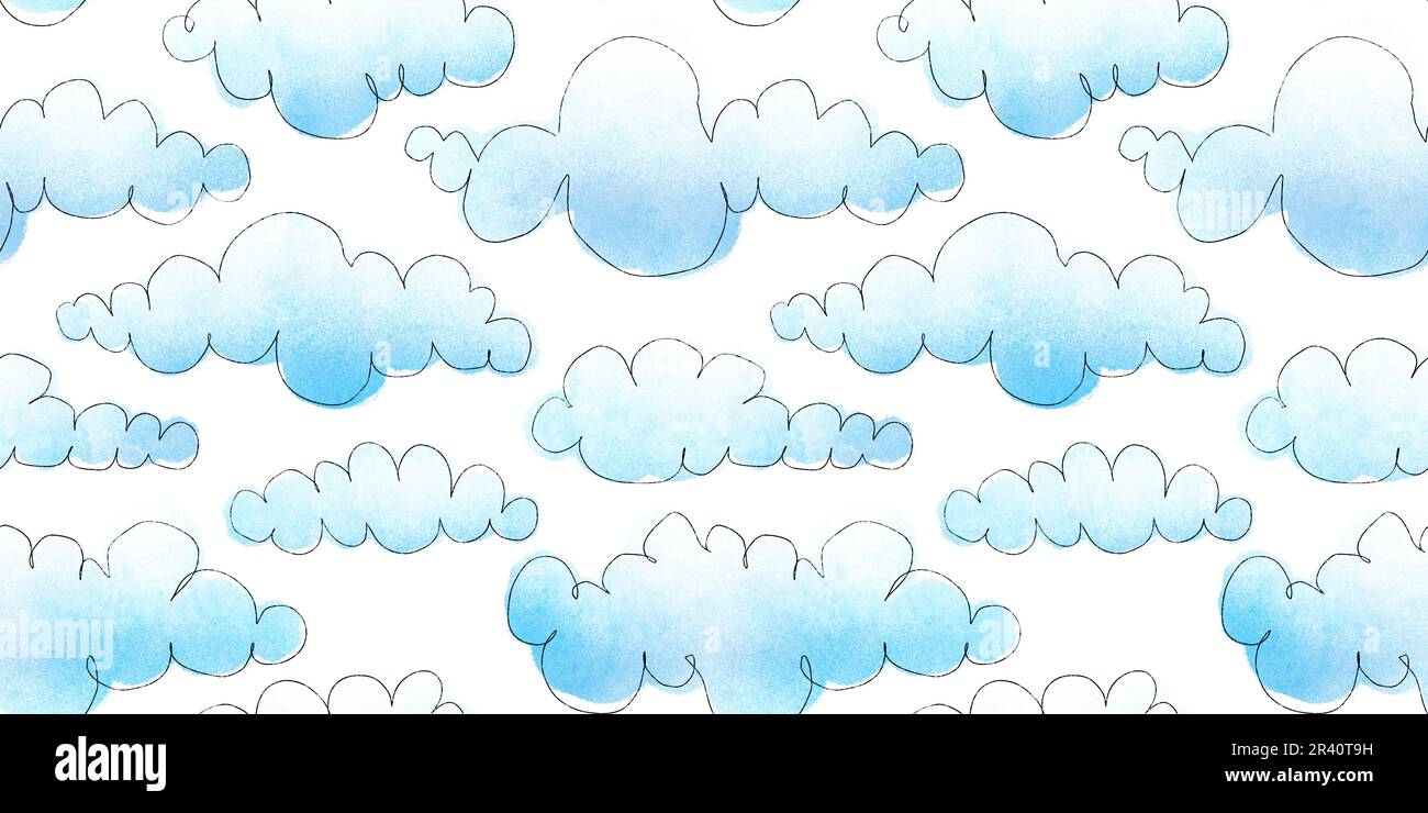 Seamless cute puffy blue clouds hand drawn watercolor and crayon ...