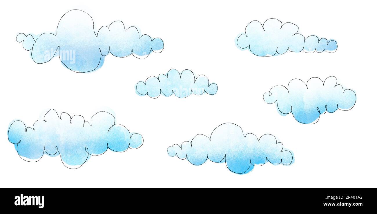 Colorful cute puffy clouds hand drawn watercolor crayon children's ...