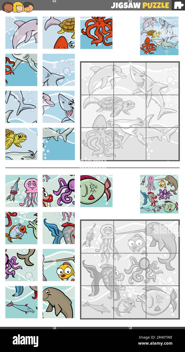 Jigsaw puzzle game set with cartoon marine animals Stock Photo - Alamy