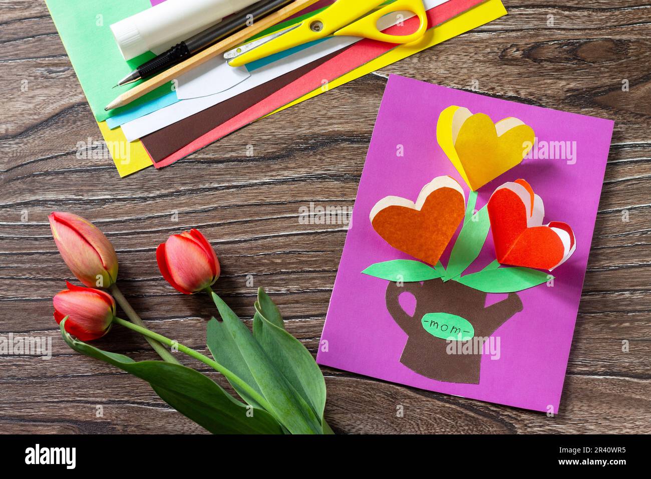 Greeting card Mother's Day with bouquet flowers tulips with the ...