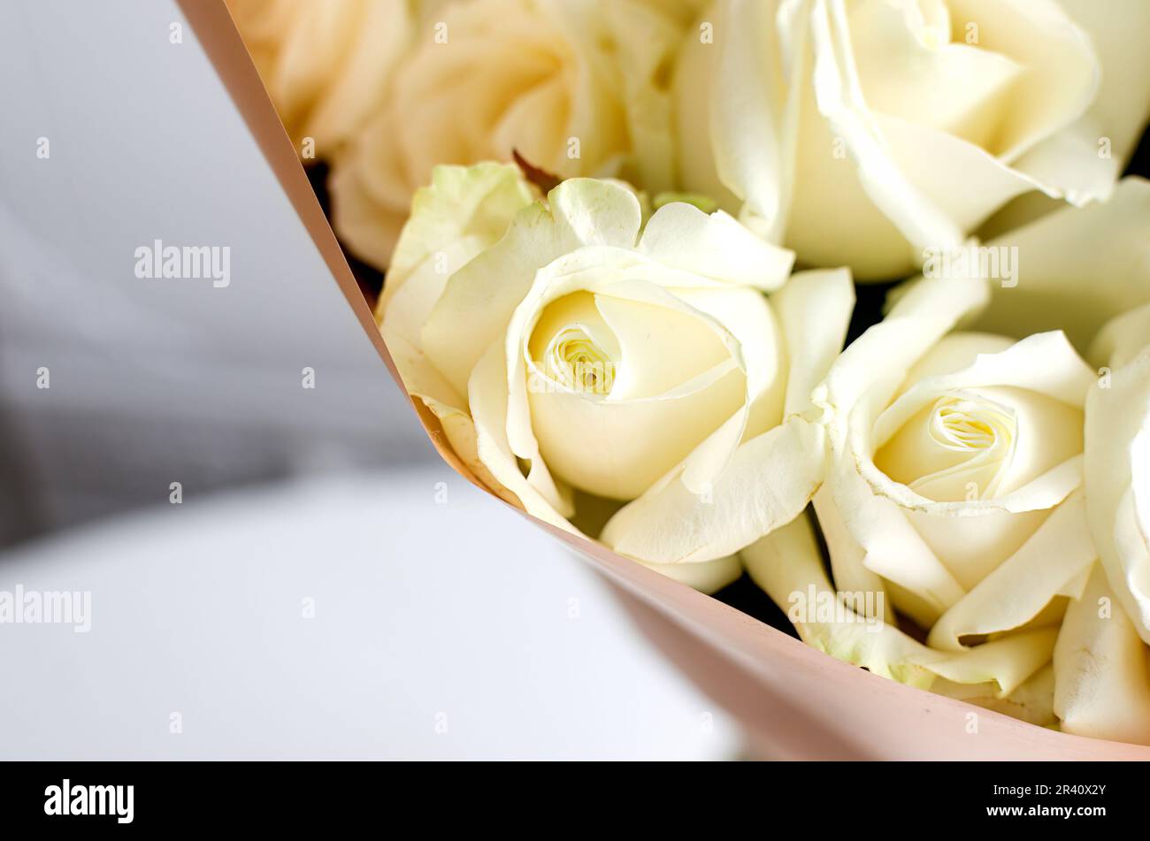 Beautiful bouquet white roses close-up. Flowers for the birthday. White ...