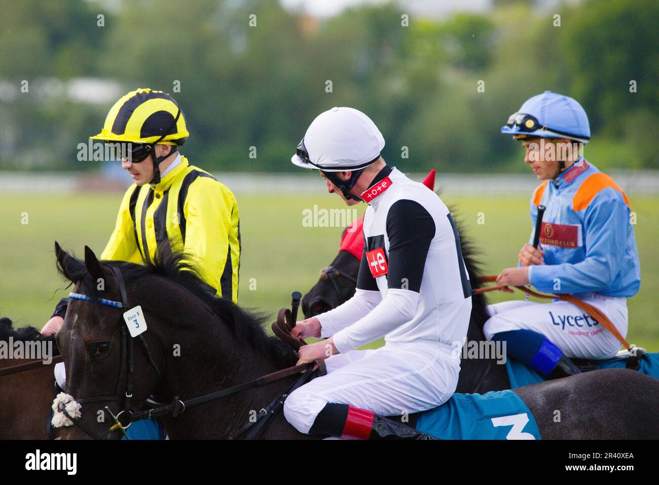 Jockeys riding to the starting gates at York Racecourse. Left to Right ...