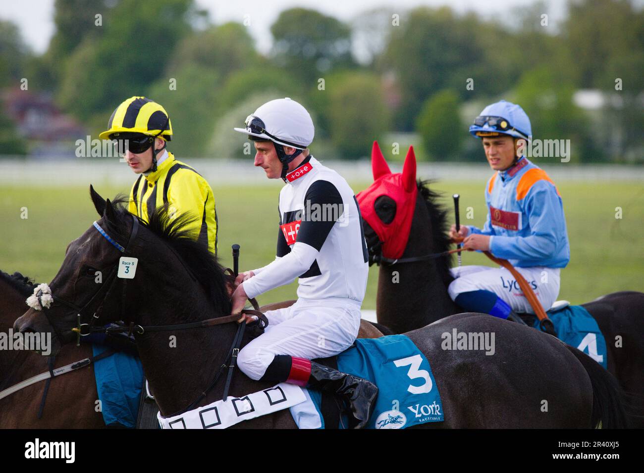 Jockeys riding to the starting gates at York Racecourse. Left to Right ...