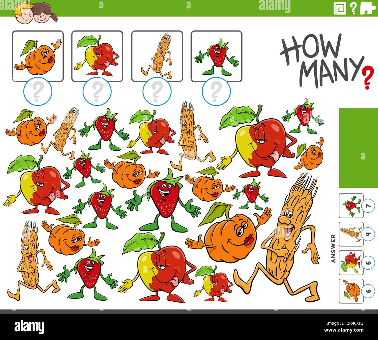 Cartoon illustration of educational counting activity with fruit and ...