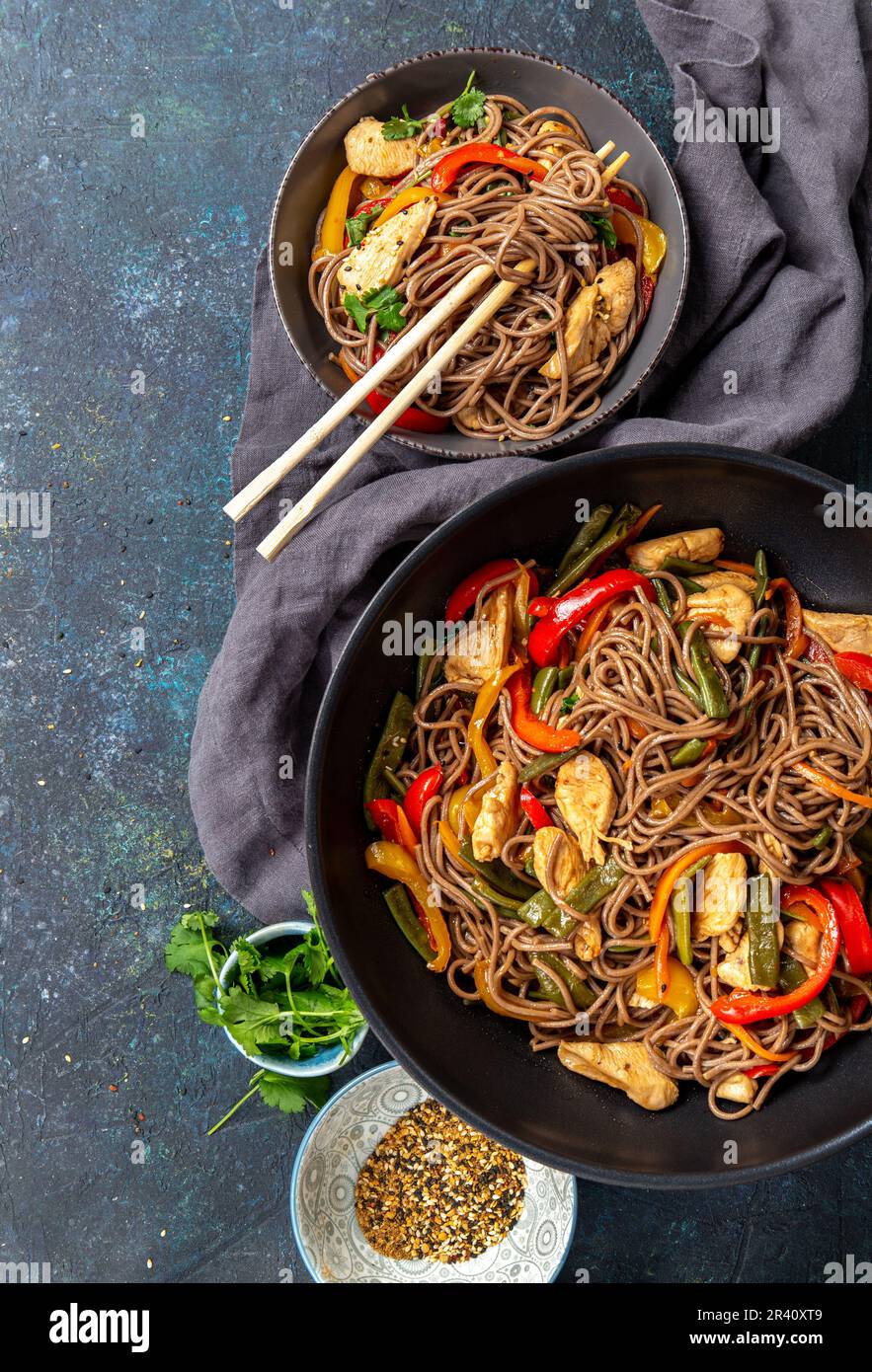 Japanese dish buckwheat soba noodles with chicken and vegetables carrot ...