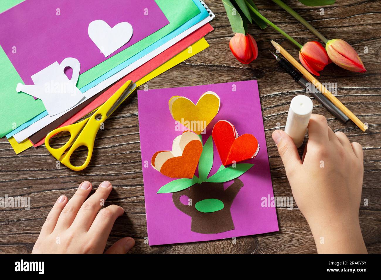 Instructions, step 8. Greeting card with bouquet flowers tulips on ...