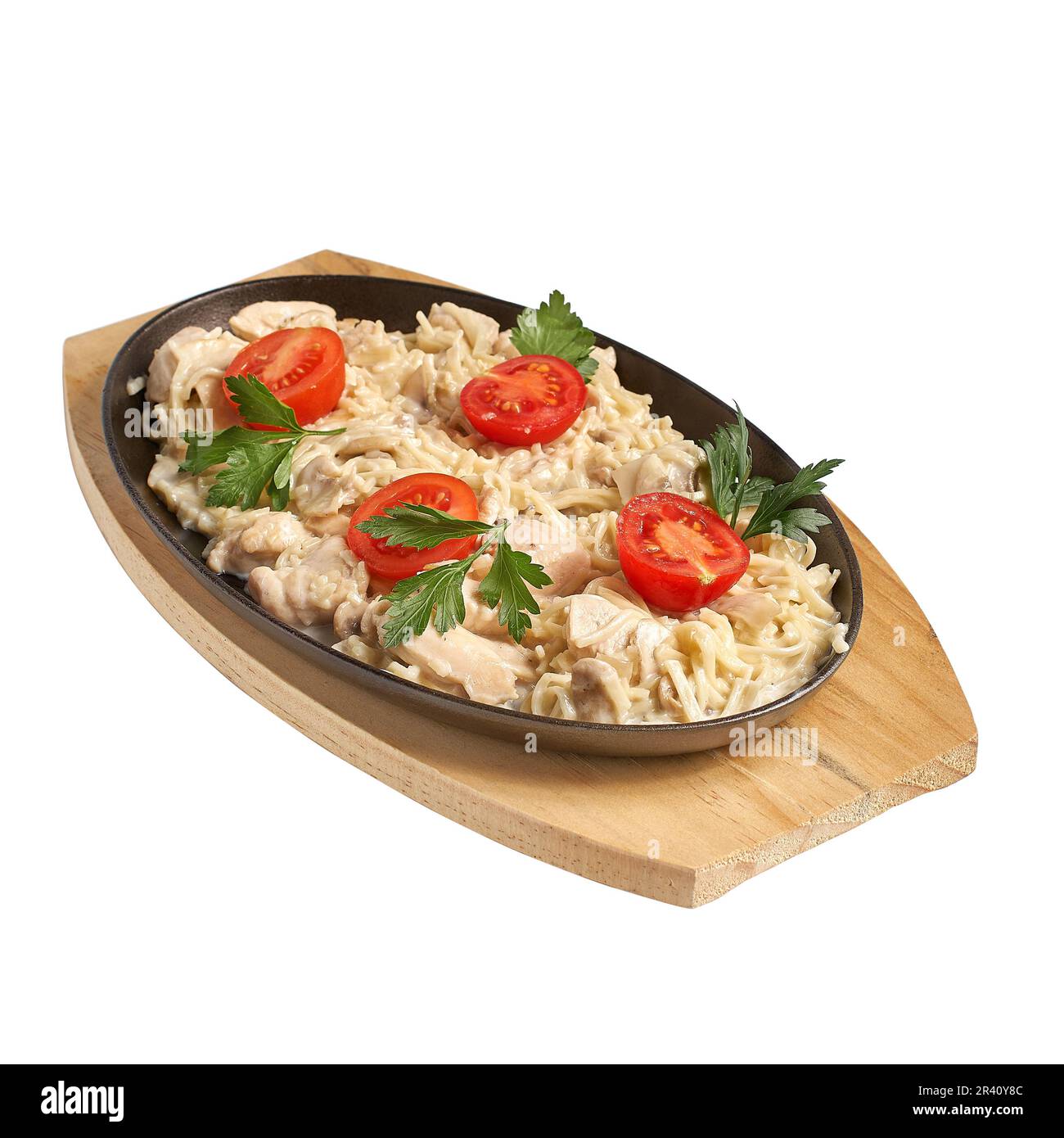 Traditional Italian lunch - pasta with chicken and mushrooms with ...