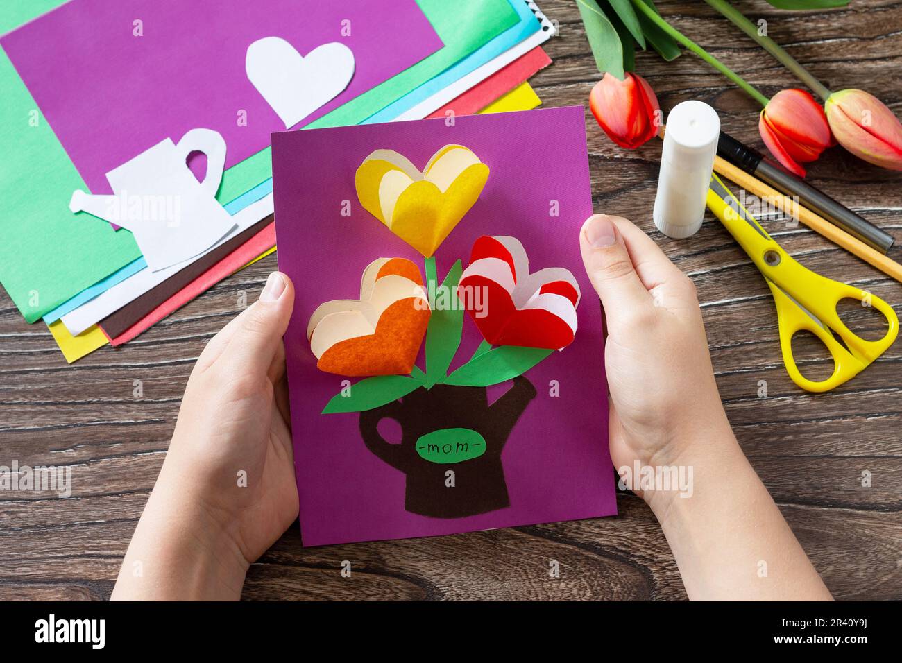 Instructions, step 12. Greeting card with bouquet flowers tulips on ...