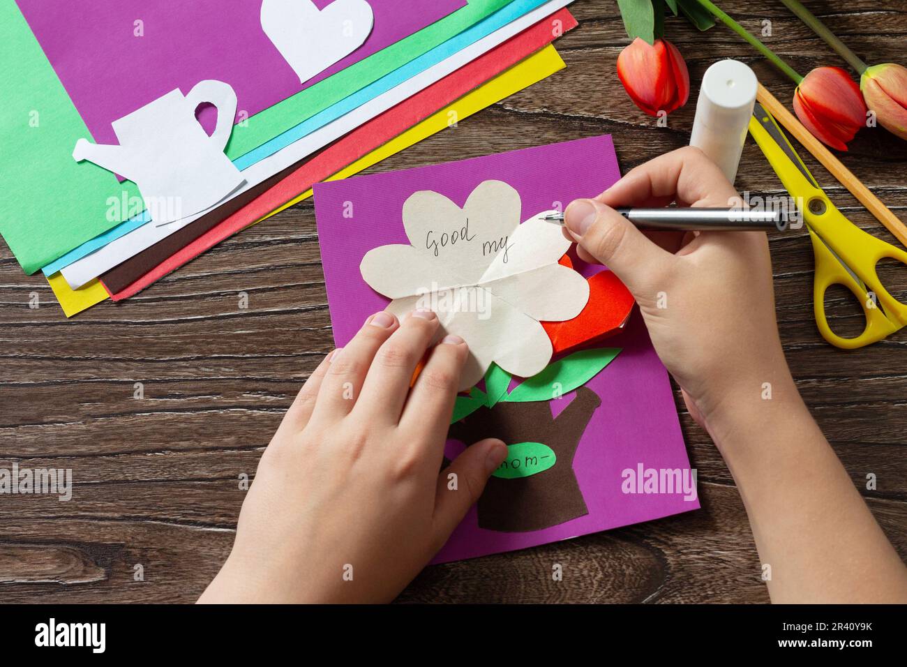 Instructions, step 11. Greeting card with bouquet flowers tulips on ...