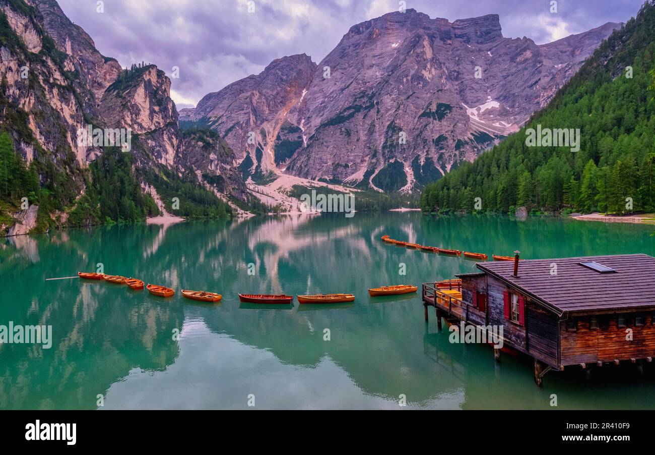 Lago Di Braies Italy, Pragser Wildsee in South Tyrol Dolomites Stock ...