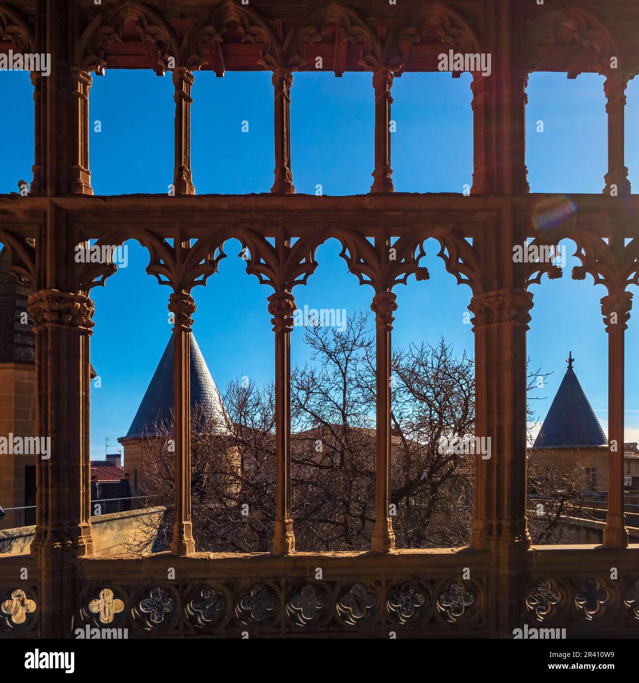 A panoramic view of the medieval façades and towers in Olite, Navarre ...