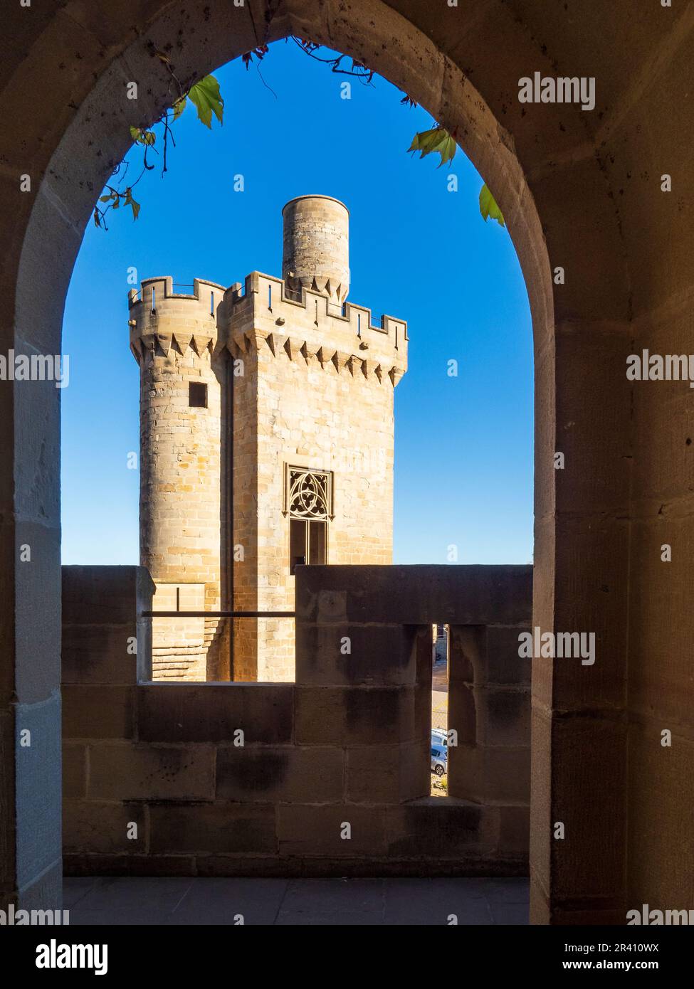 A panoramic view of the medieval façades and towers in Olite, Navarre ...