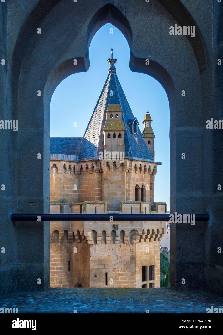 A panoramic view of the medieval façades and towers in Olite, Navarre ...