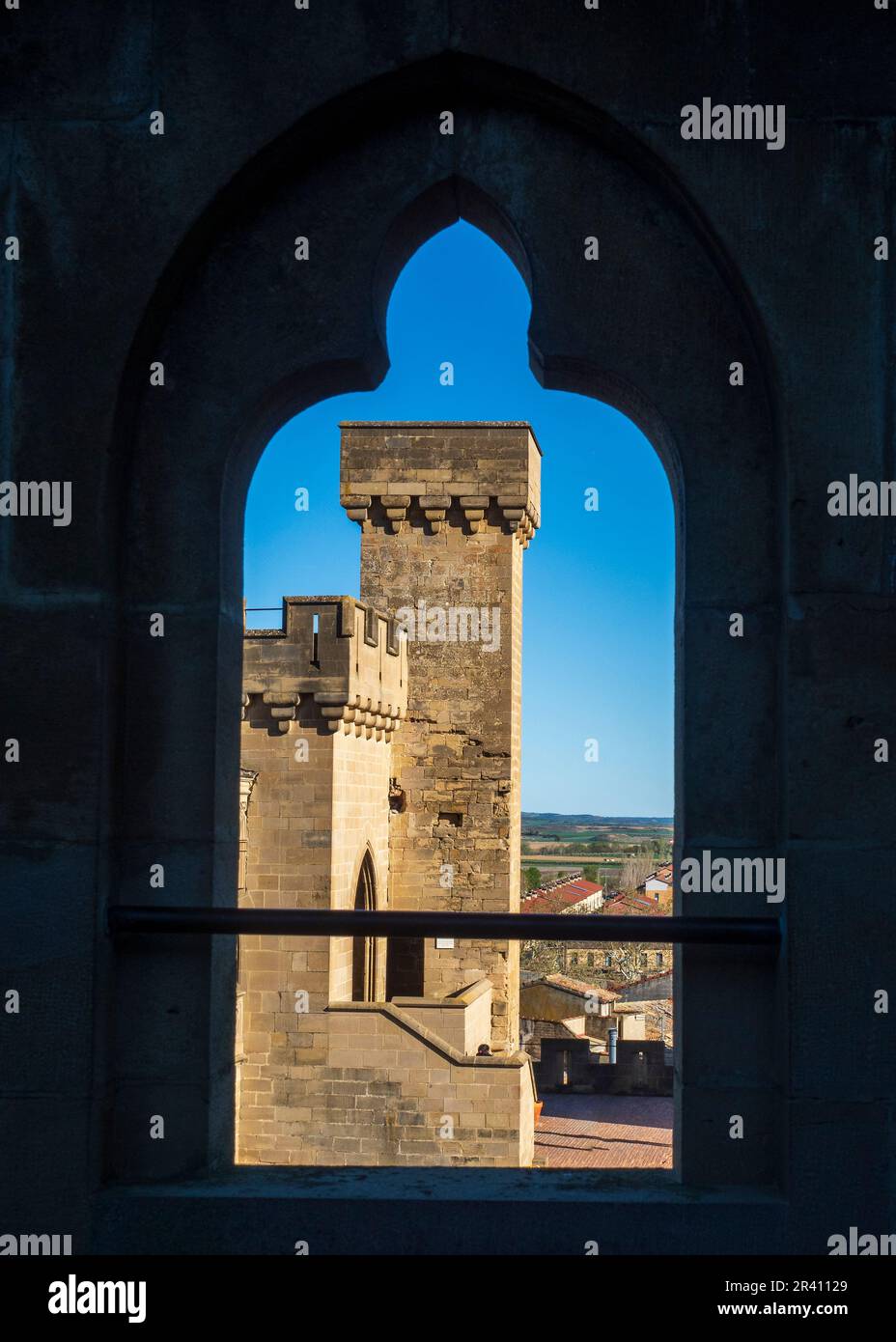 A panoramic view of the medieval façades and towers in Olite, Navarre ...