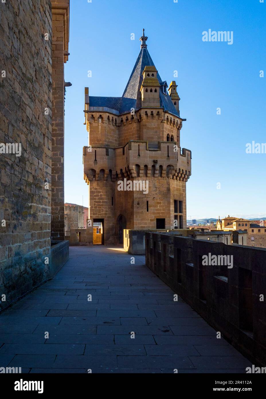 A panoramic view of the medieval façades and towers in Olite, Navarre ...