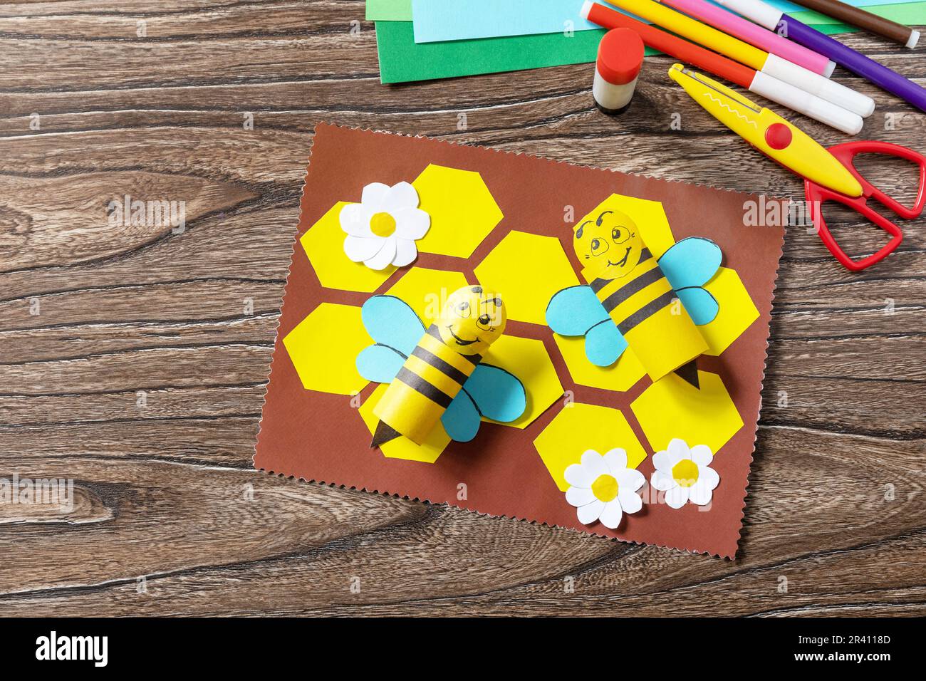 Summer card with voluminous bees. Handmade. Childrens creativity ...