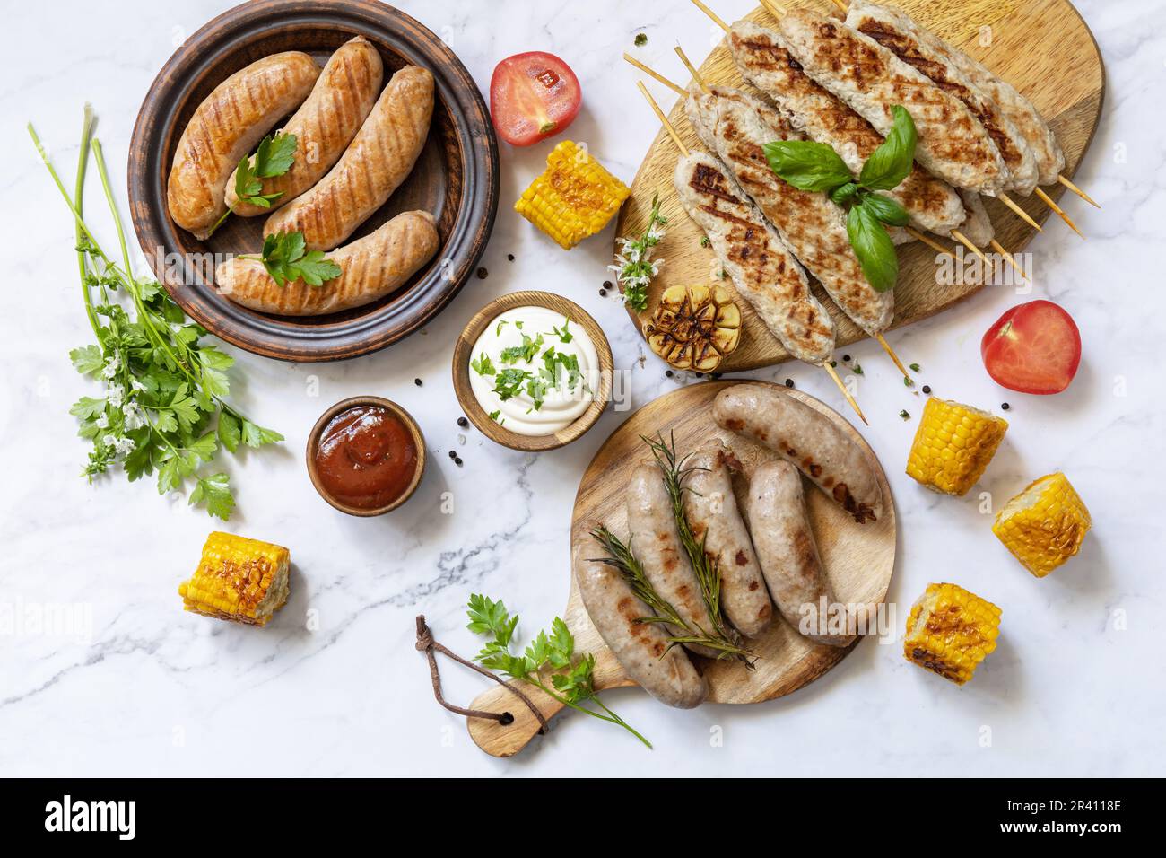 Summer party food. Grill food menu. Various bbq grilled sausages with ...