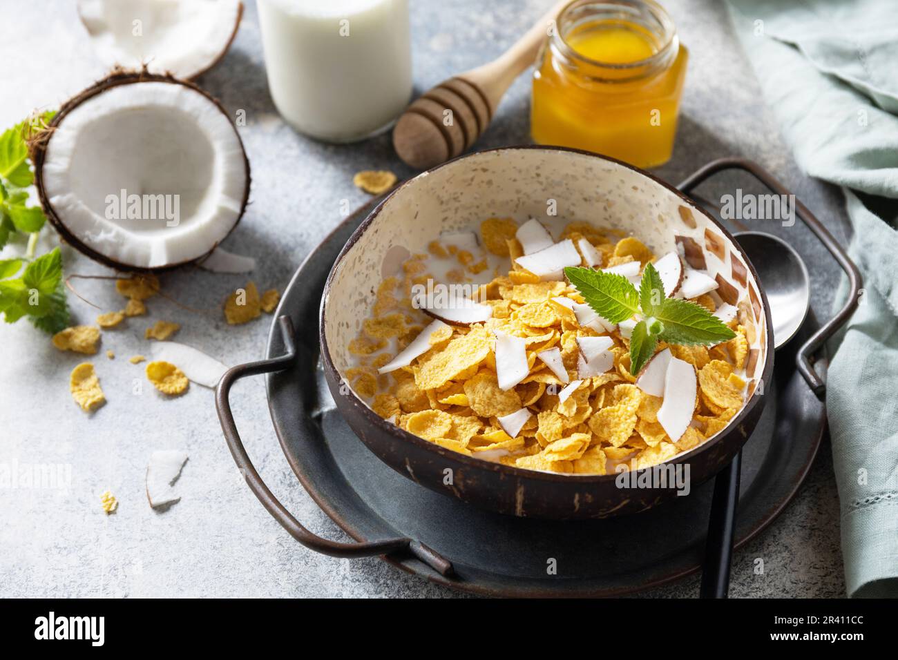 Summer vegan breakfast. Cereal granola breakfast flakes with coconut ...