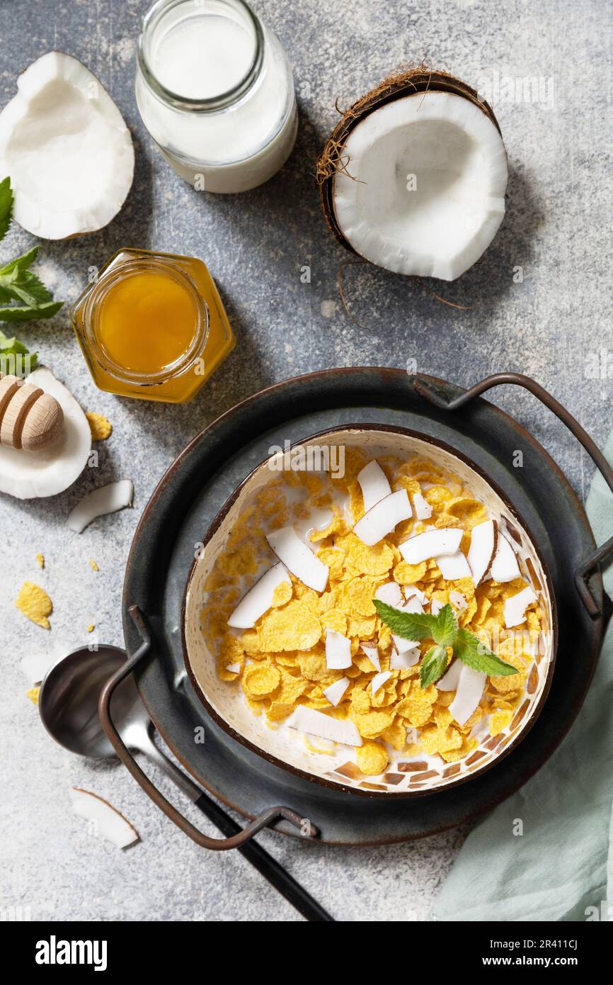 Vegan healthy breakfast. Cereal granola breakfast flakes with coconut ...