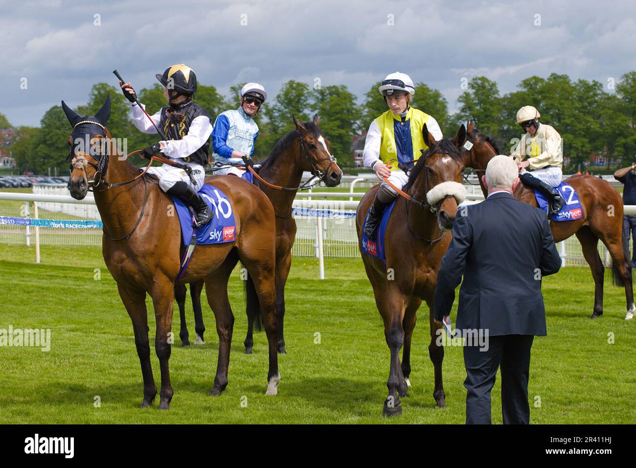 Jockeys in the starting area at York Races. L to R: Hayley Turner, Rob Hornby, Rowan Scott and ...
