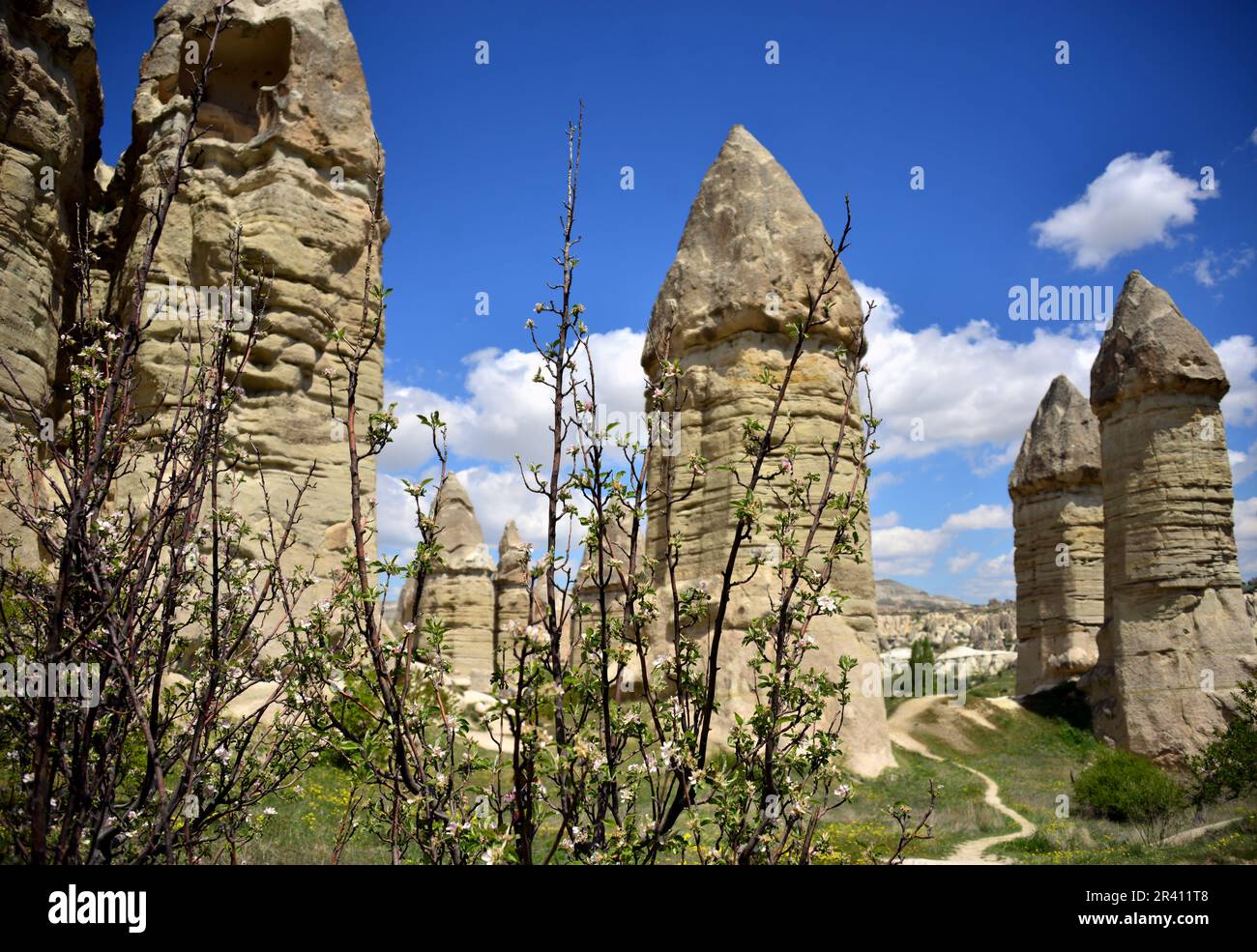 Goreme, positioned between the rock formations called fairy chimneys ...