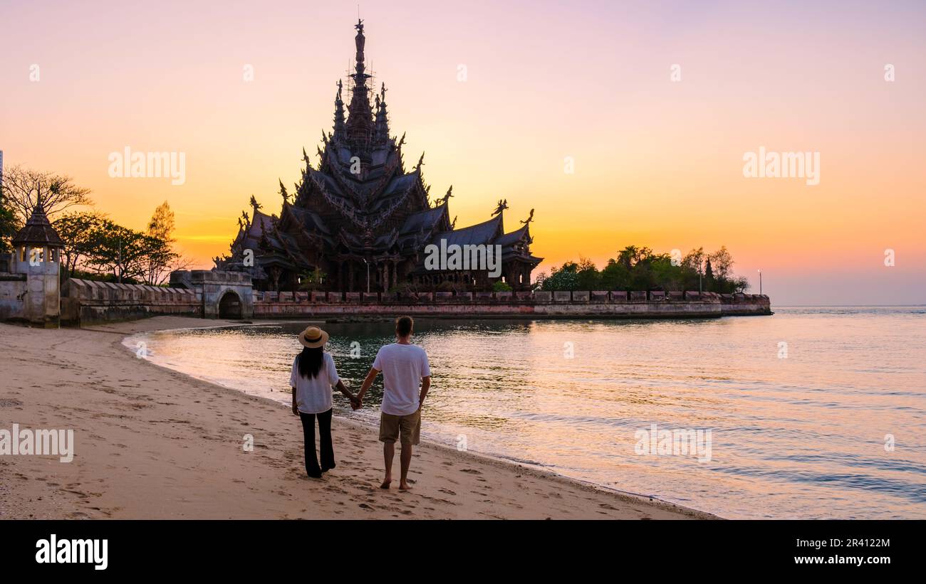 Sanctuary of Truth, Pattaya, Thailand, wooden temple by the ocean at ...