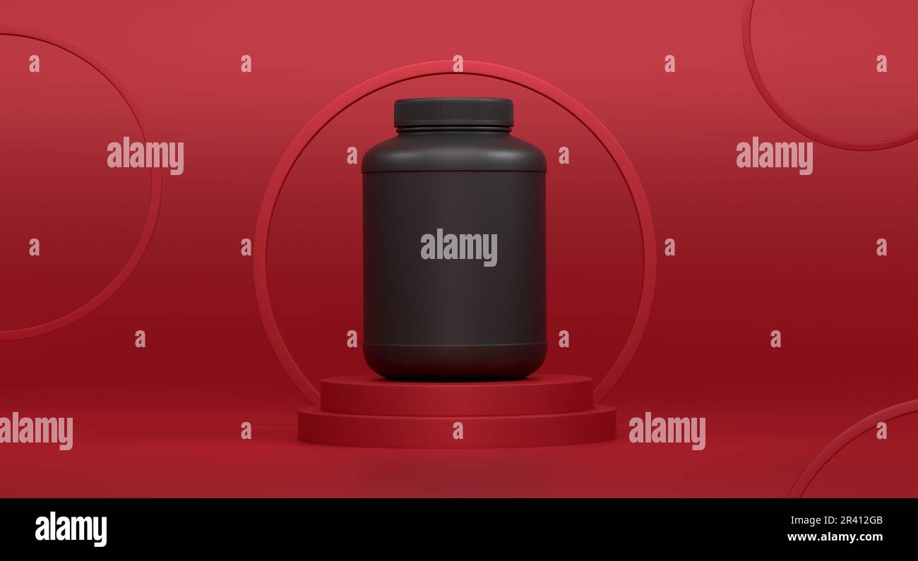 Plastic jar for sport nutrition whey protein powder on cylinder podium ...