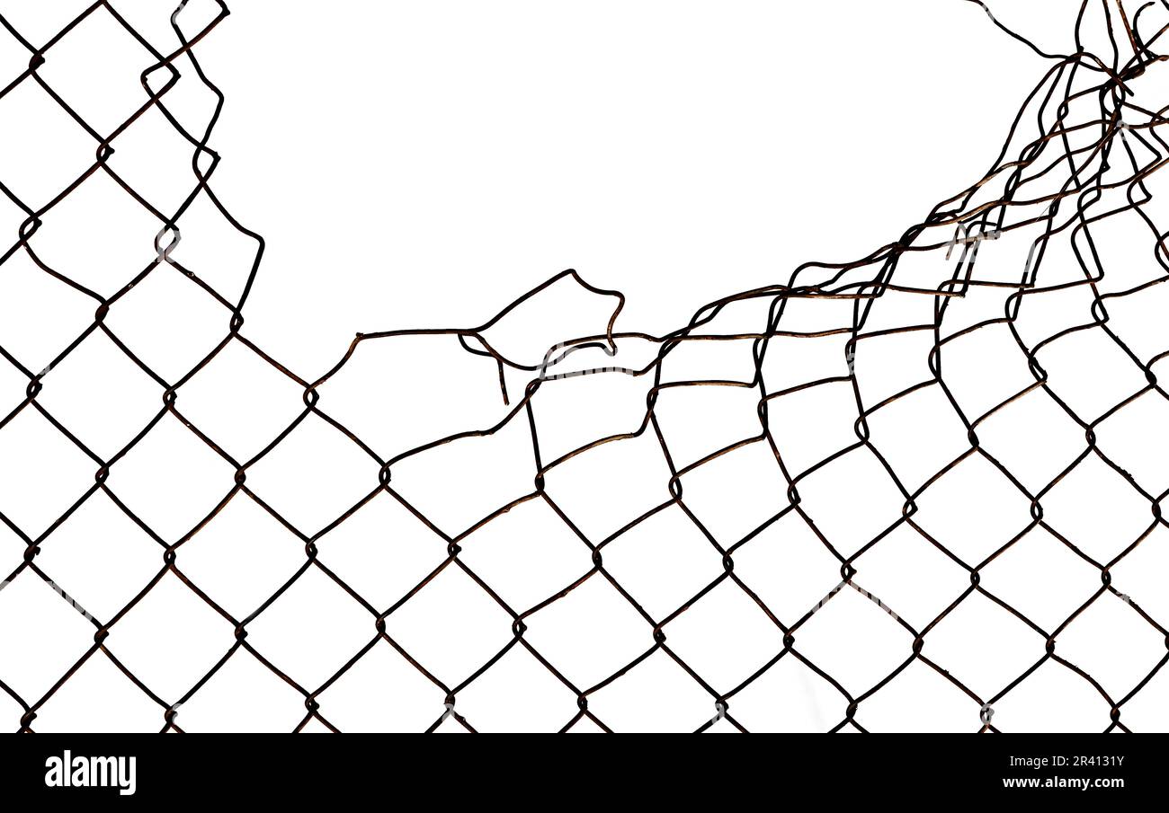The texture of the metal mesh. Torn, destroyed, broken metal mesh on a ...