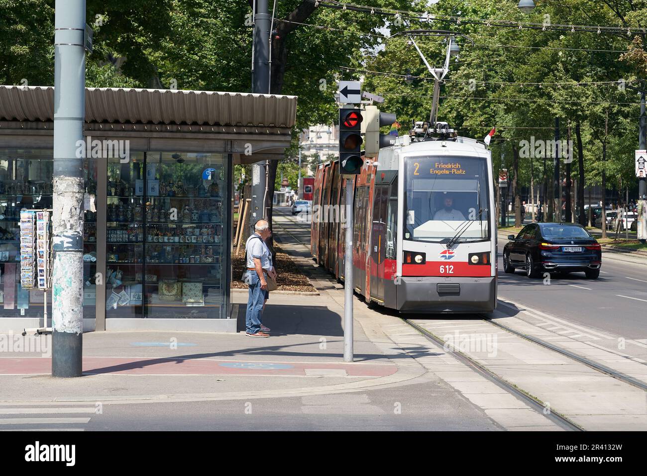 Traffic in the center of Vienna in Austria with a tram of line 2 at a ...