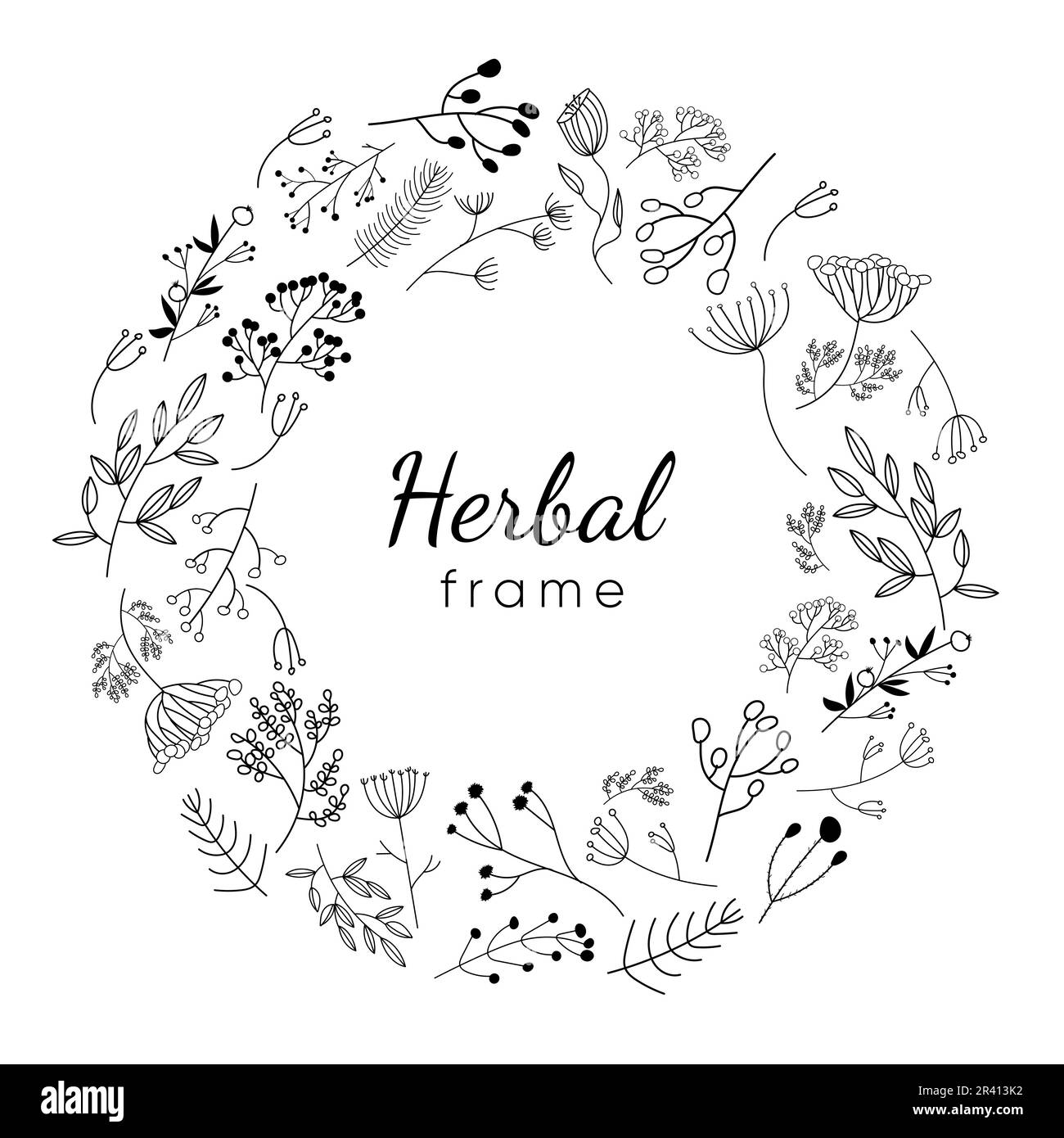 Vector flower round frame line art. Floral card with leaves Isolated on ...