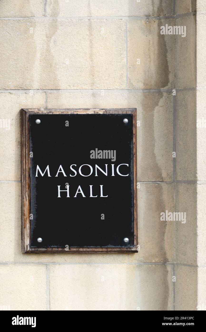 The doorway and sign of a Masonic Hall part of the Freemasons society ...