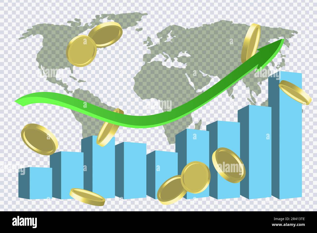 Curved green arrow, flying coins, Market movements concept chart on background global map ...