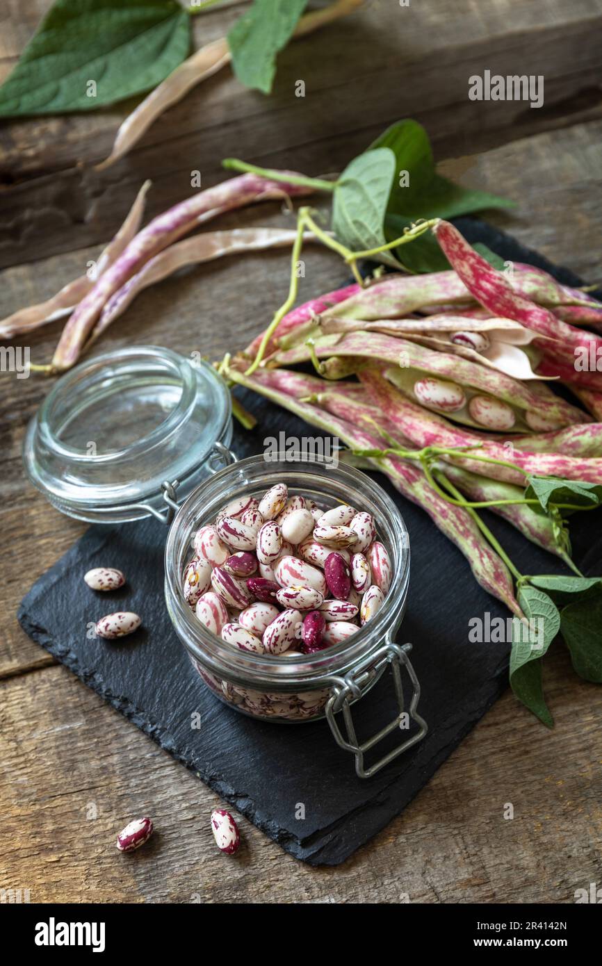 Beans of bean, brown bean (of dried beans) in a glass jar on a rustic ...