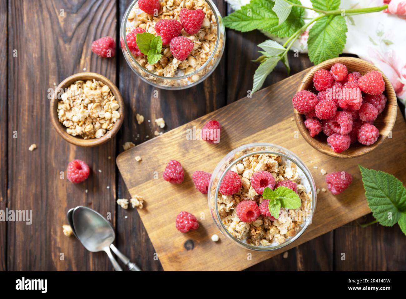 Healthy breakfast menu concept. Home made granola breakfast. Glass of ...