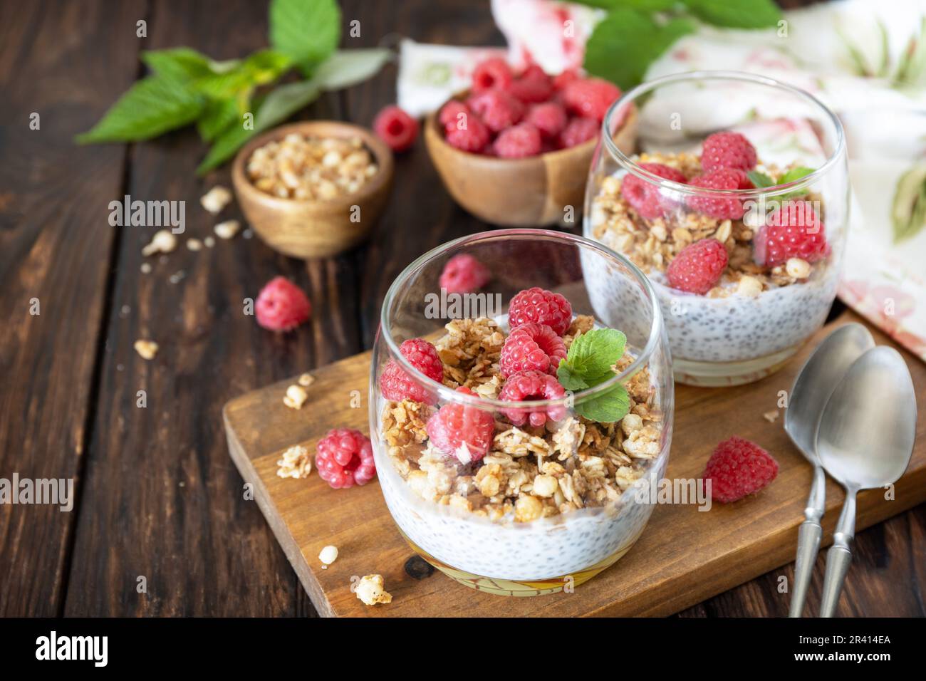 Healthy breakfast menu concept. Home made granola breakfast. Glass of ...