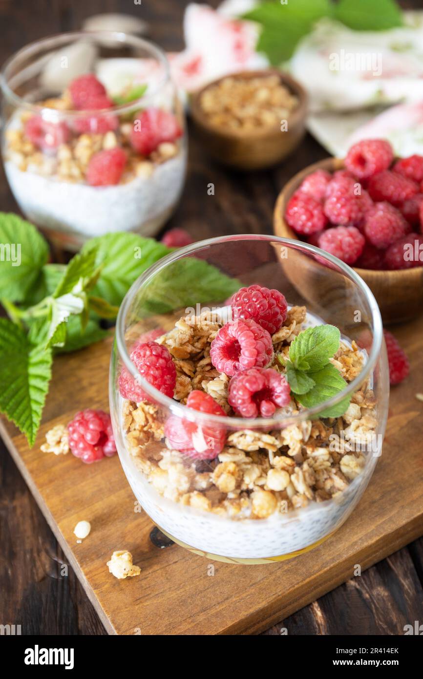 Healthy breakfast menu concept. Home made granola breakfast. Glass of ...