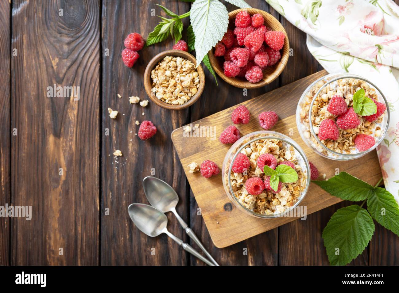 Healthy breakfast menu concept. Home made granola breakfast. Glass of ...